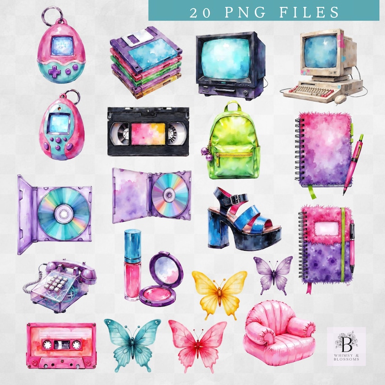 1990s Nostalgia Clipart Bundle, 90s Retro Watercolor PNG, Teen ...
