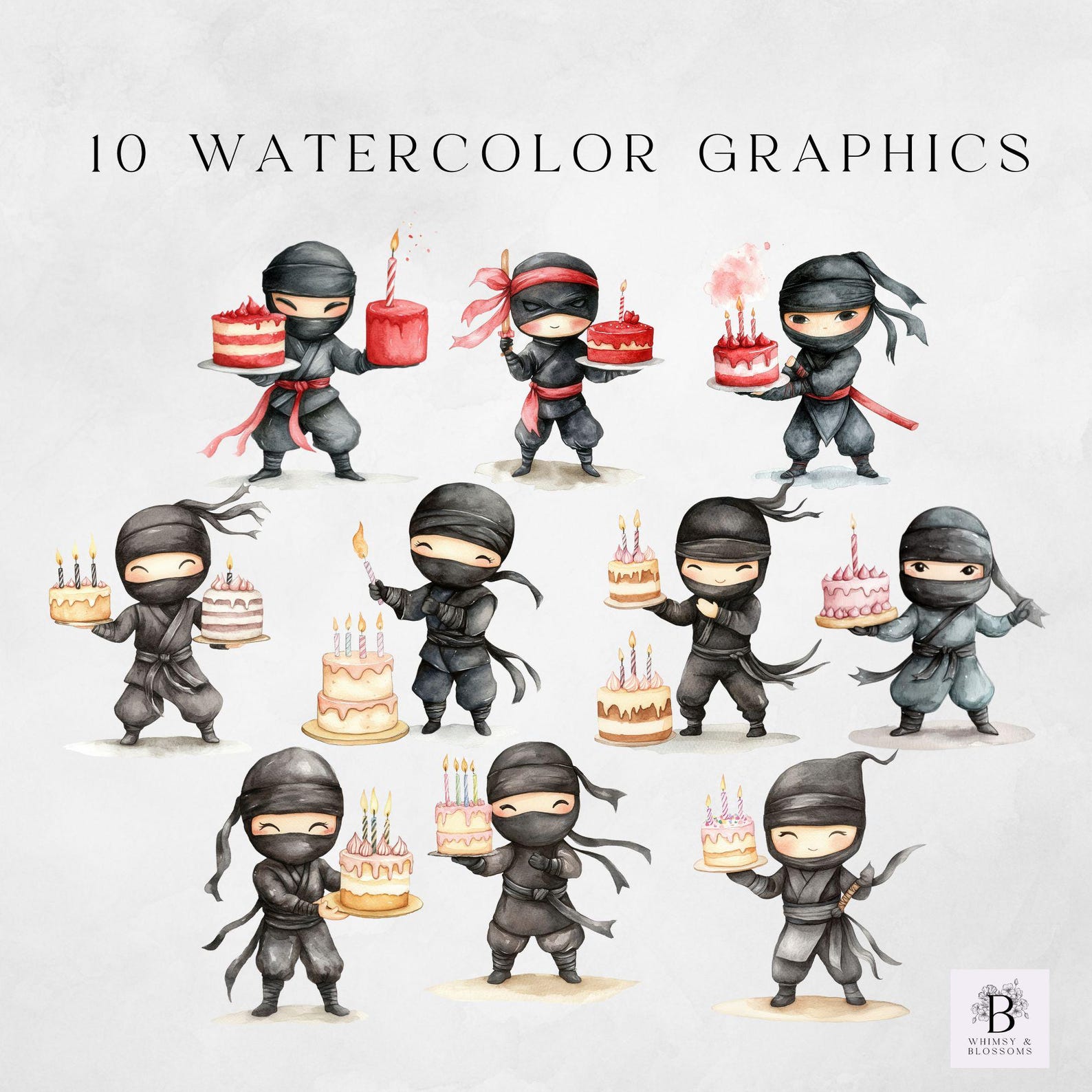 Ninja Birthday Clipart- Watercolor Ninja - High Quality - Instant ...
