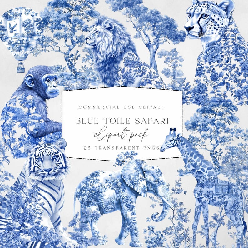 Blue Toile Safari Png - Baby Shower Clipart, Chinoiserie Jungle Animals ...