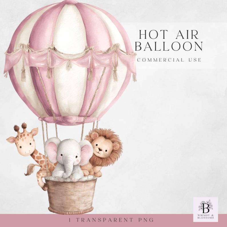 Hot Air Balloon Animals Clipart - Pink - Safari Animals With Balloon ...
