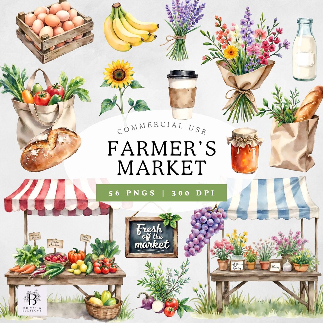 Farmers Market Clipart Bundle PNG, Watercolor Food Market Clip Art ...