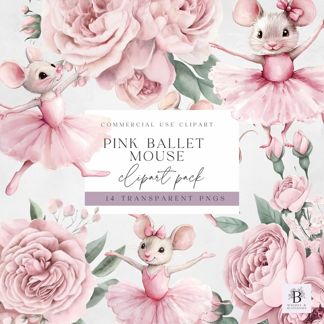 Pink Ballet Mouse Clipart - Ballerina Mouse PNG - Watercolor Ballet ...