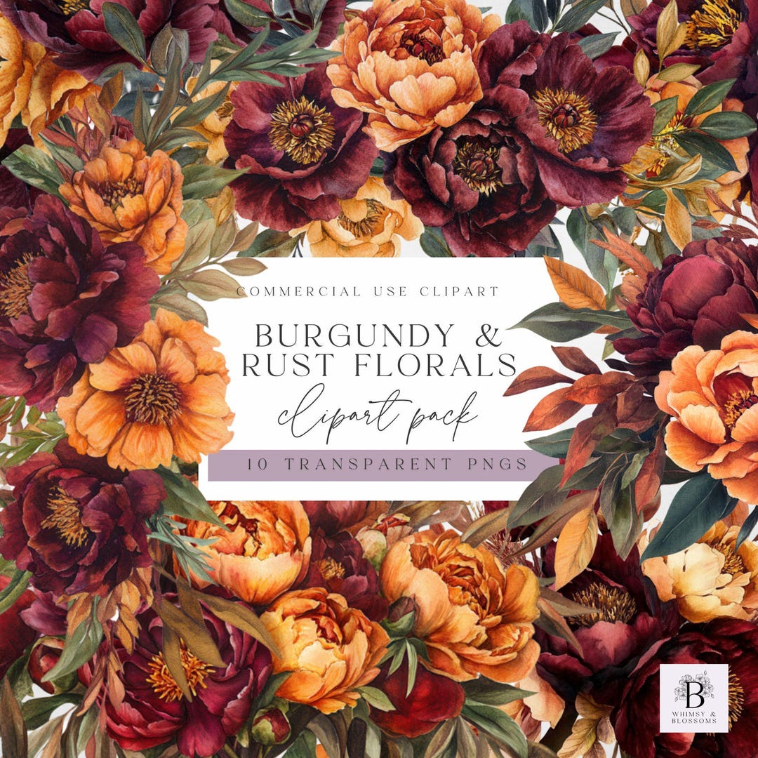 Burgundy and Rust Flower Clipart - Terracotta and Burgundy Floral ...
