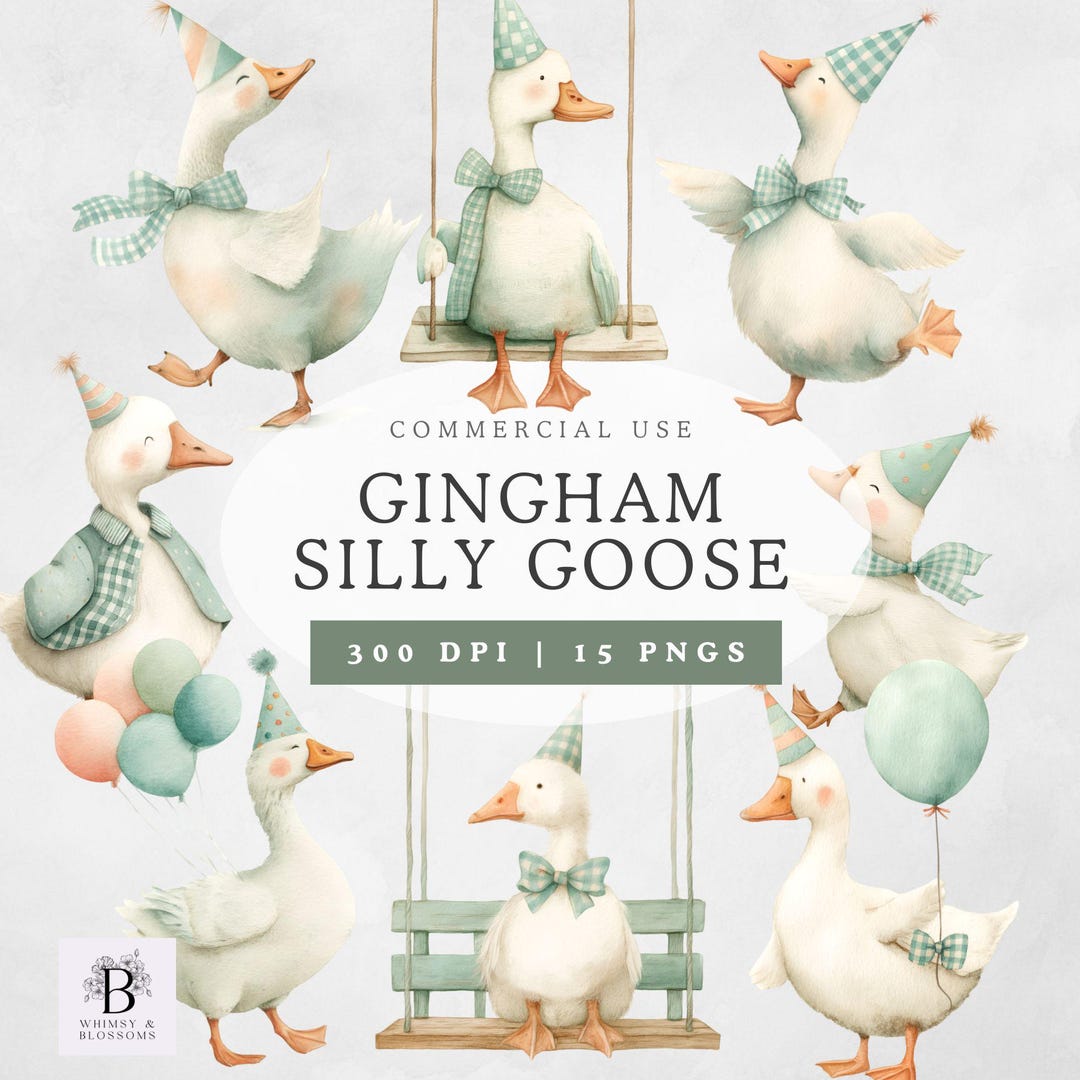 Silly Goose Clipart Gingham, Sage Green Gingham Birthday Goose, Digital ...