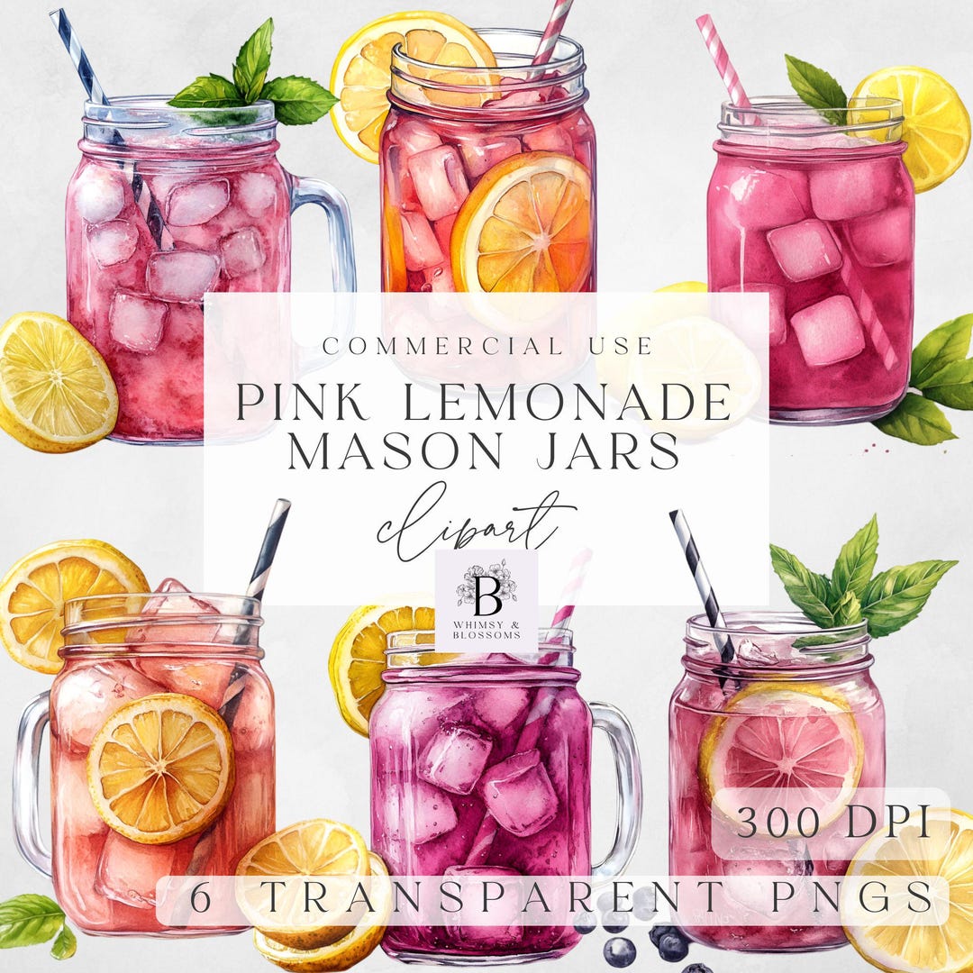 Pink Lemonade Mason Jars - Watercolor Pink Lemonade Clipart - Instant ...