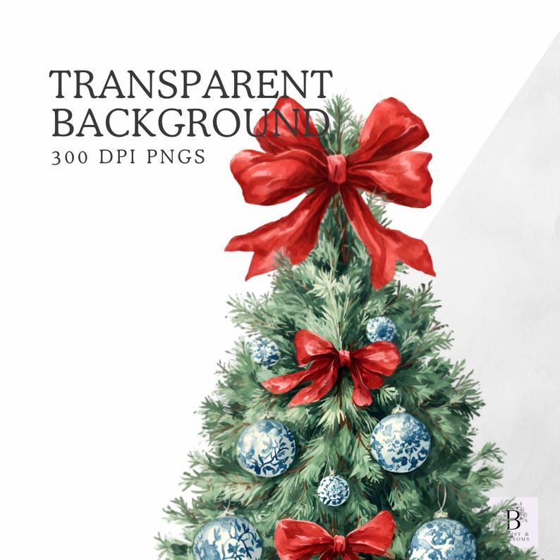 Preppy Toile Chinoiserie Christmas Tree With Red Bow - Cute Clipart ...