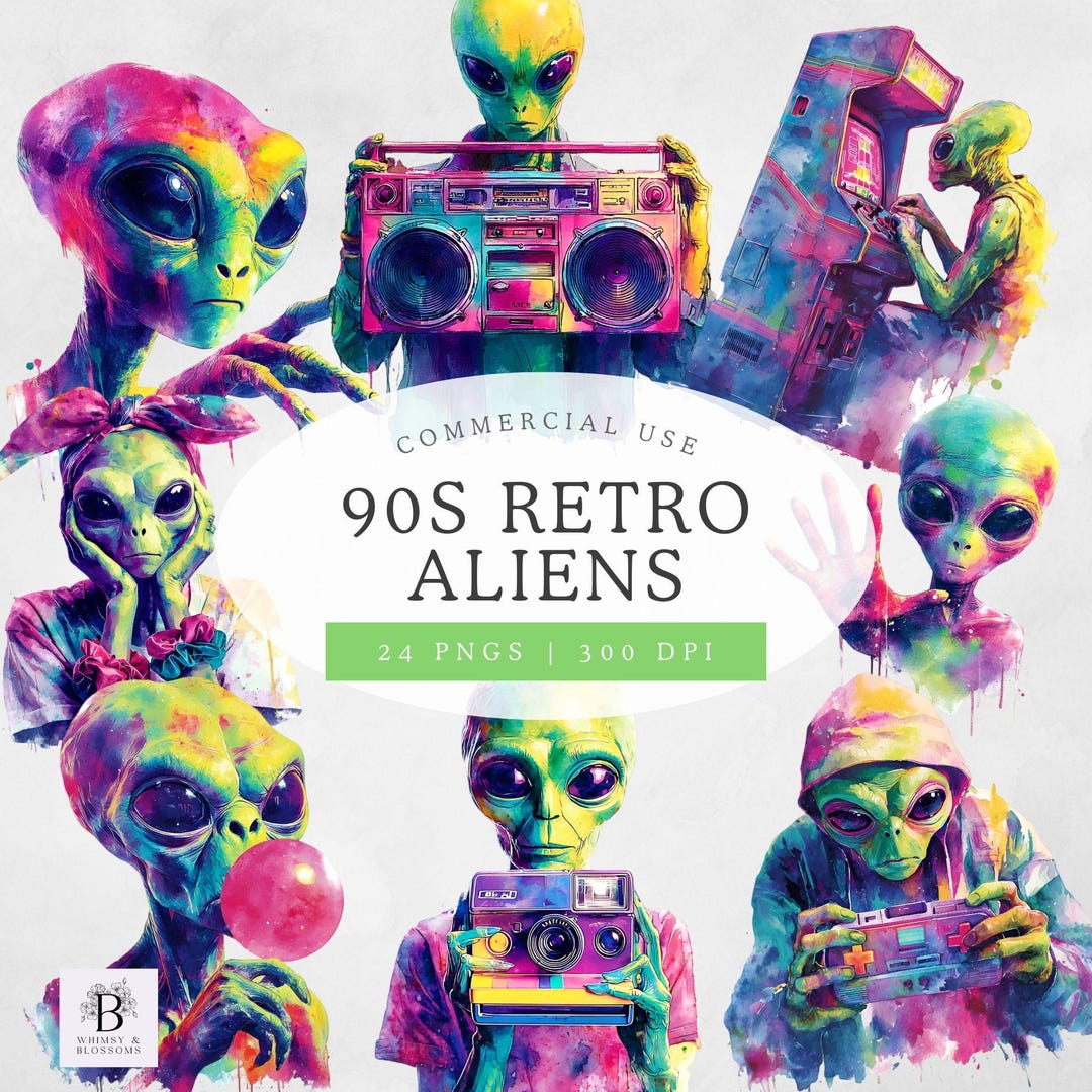 90s Retro Aliens Clipart Bundle, Retro Technology Pngs, Sci-fi Art ...