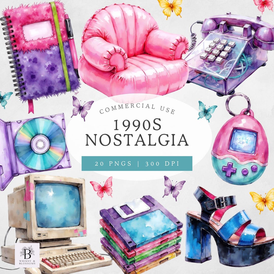 1990s Nostalgia Clipart Bundle, 90s Retro Watercolor PNG, Teen ...