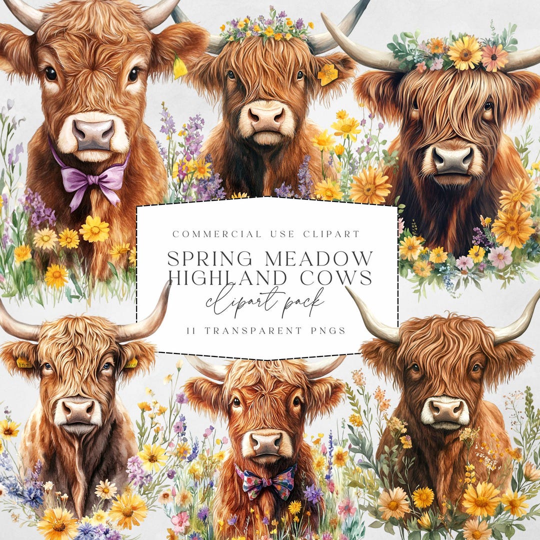 Spring Highland Cow Clipart, Spring Meadow Highland Cows, Easter ...