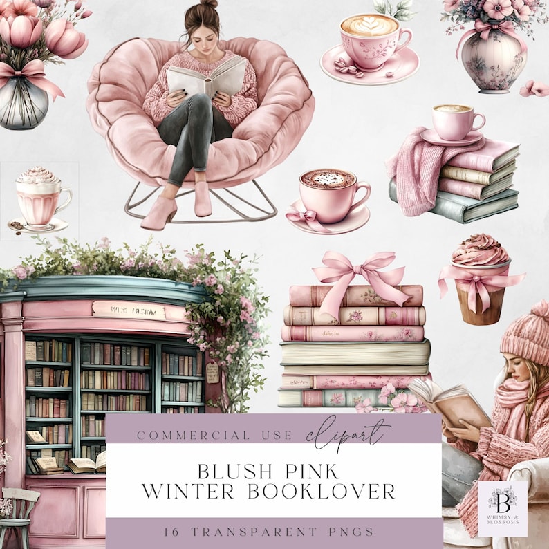 Blush Pink Winter Booklover Clipart - Book Lover Clipart- Library ...