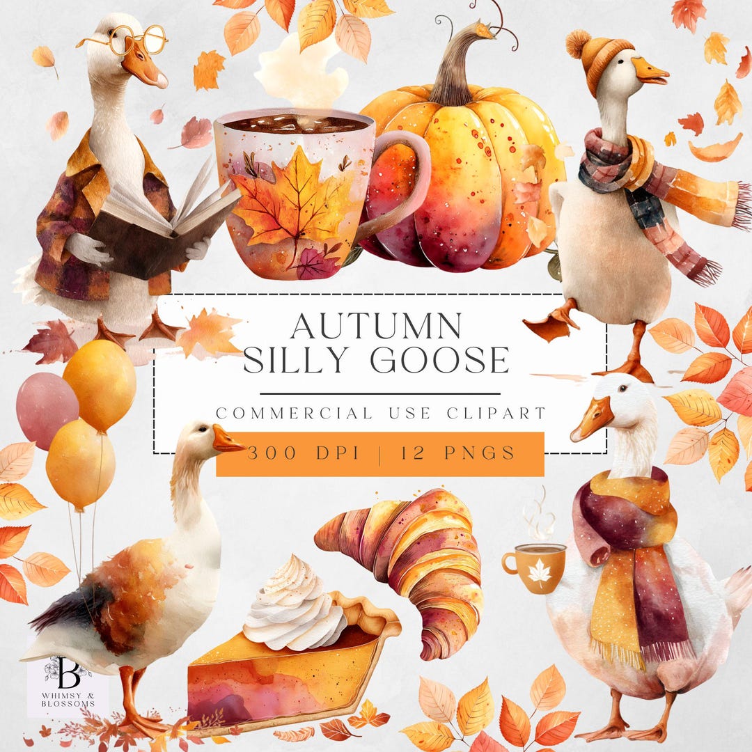 Autumn Silly Goose Clipart, Goose Reading, Fall Goose, Digital Download ...