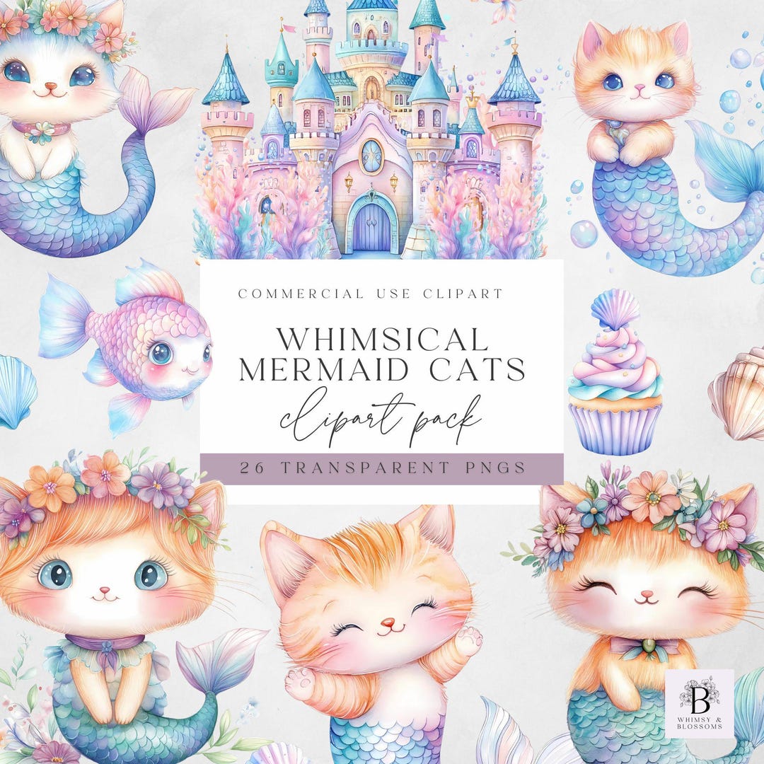 Mermaid Cat Clipart - Cute Kitty Clipart - Purrmaid Digital Download ...
