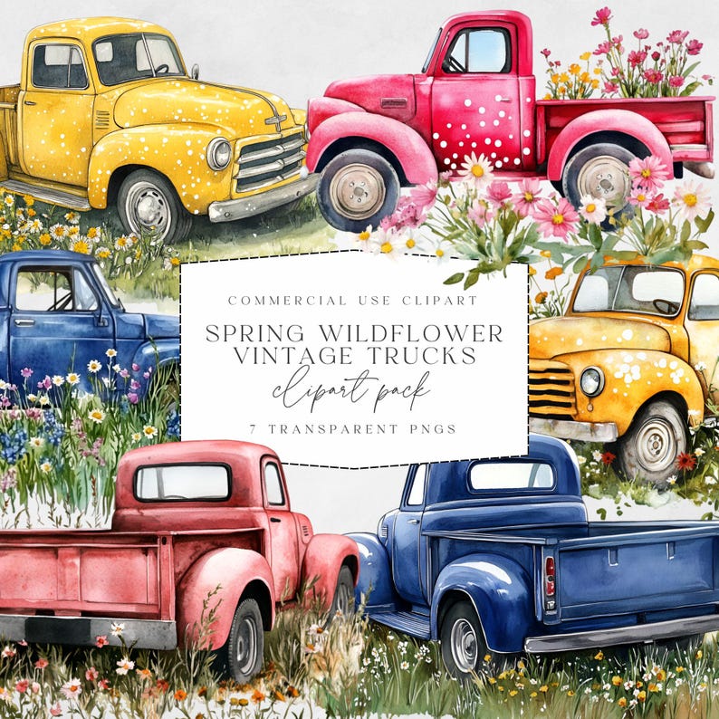 Watercolor Spring Truck Clipart, Wildflower Vintage Trucks, Yellow ...