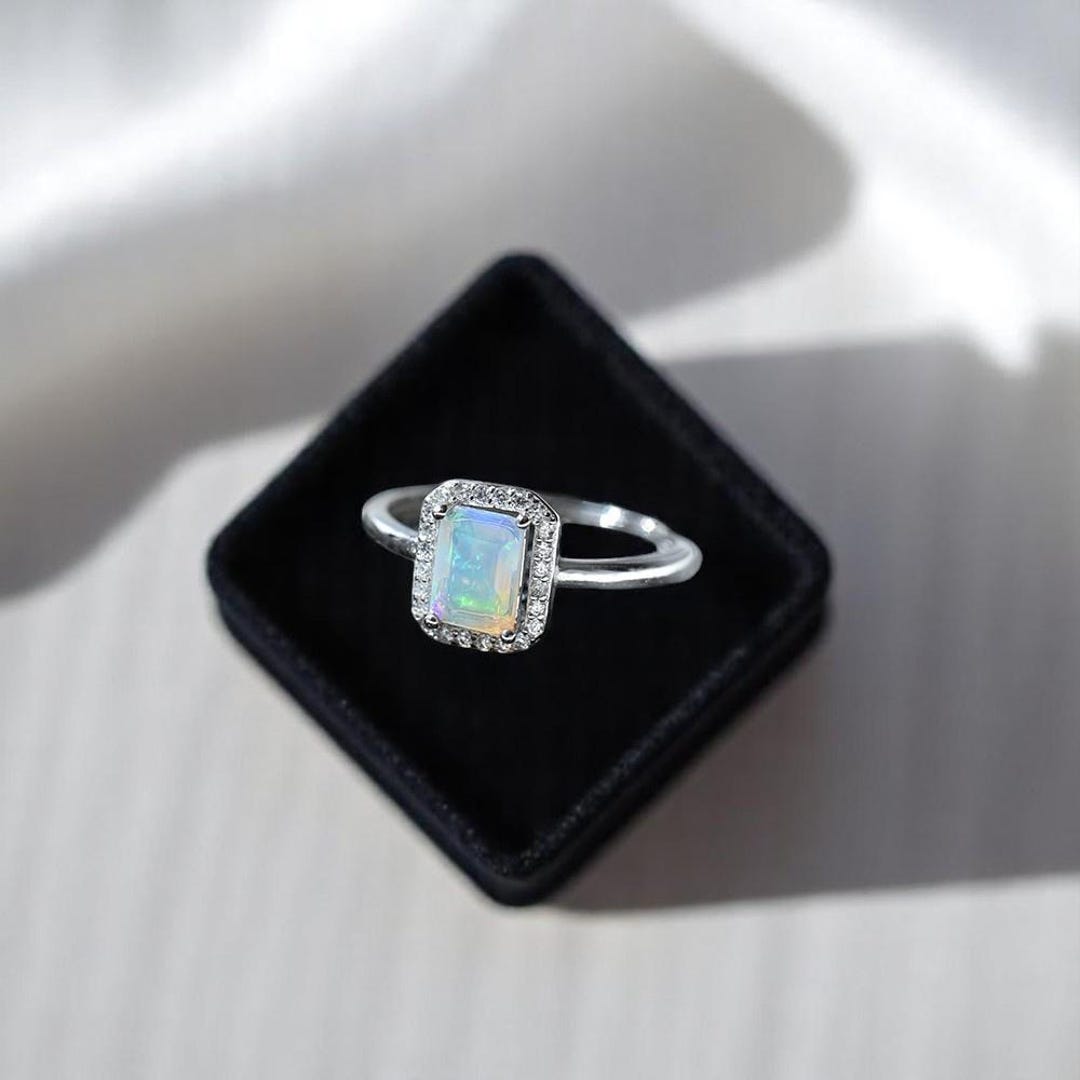 Square Opal Ring: 925 Sterling Silver, Micro Diamond Halo - Etsy