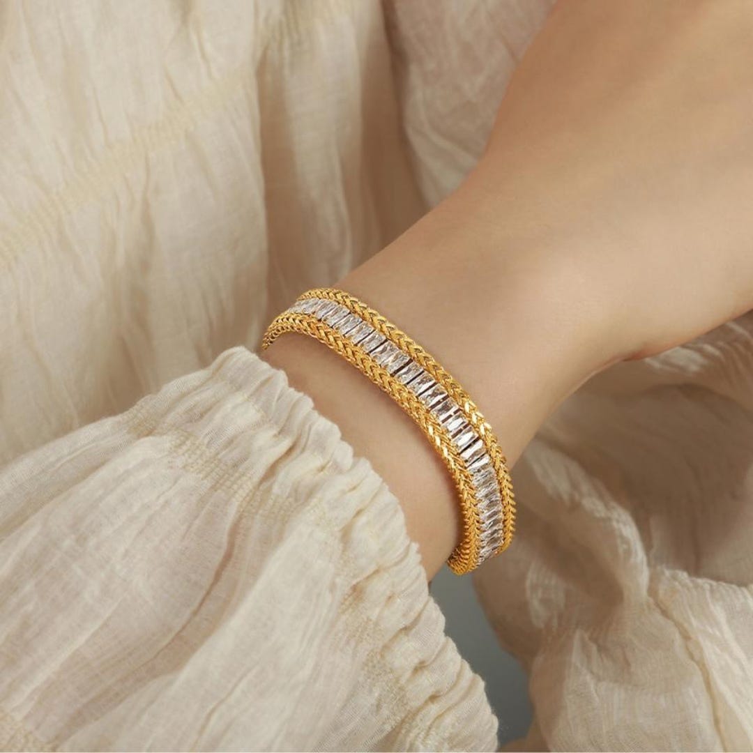 Emerald/ Baguette Cut Tennis Bracelet- Dainty Gold & Black Tennis ...