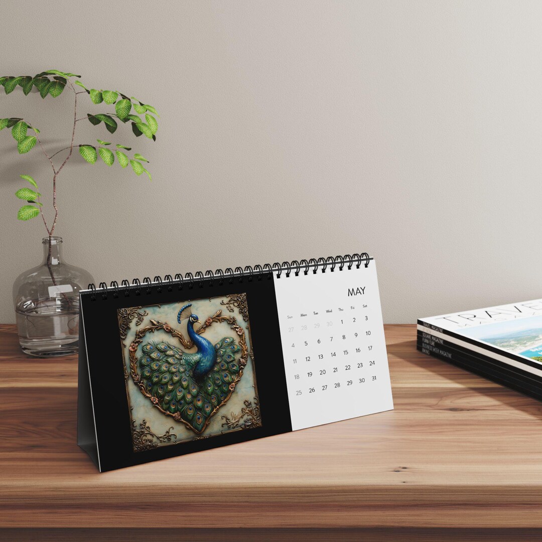Desktop Calendar 2025 Peacock Artwork Valentine Day Heart Shaped ...