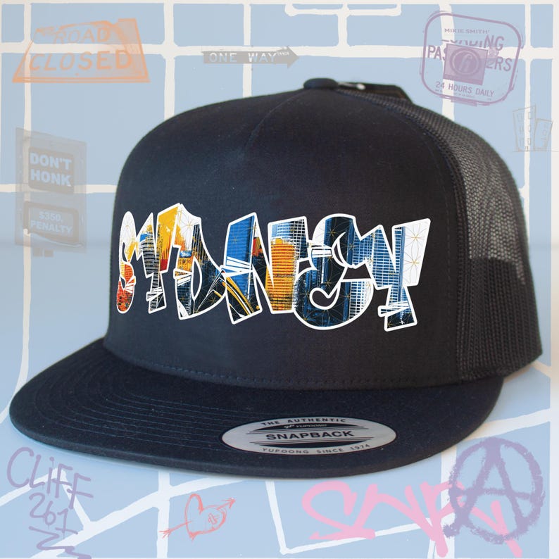 Sydney City Graffiti Trucker Cap Flat Bill Hat High Profile Snapback ...