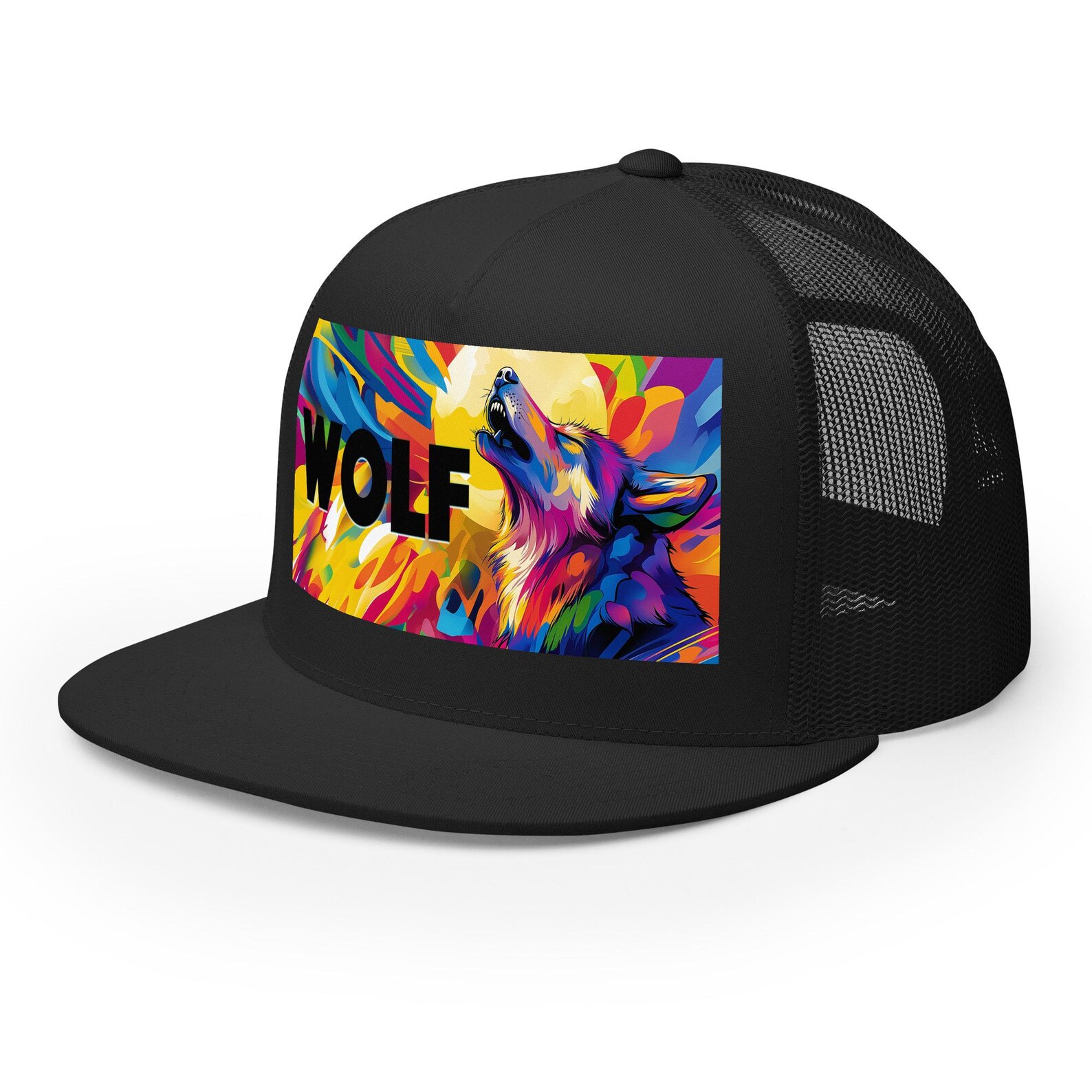 Howling Wolf Hat - Flat Brim and Snapback Trucker Cap for Men and Women ...