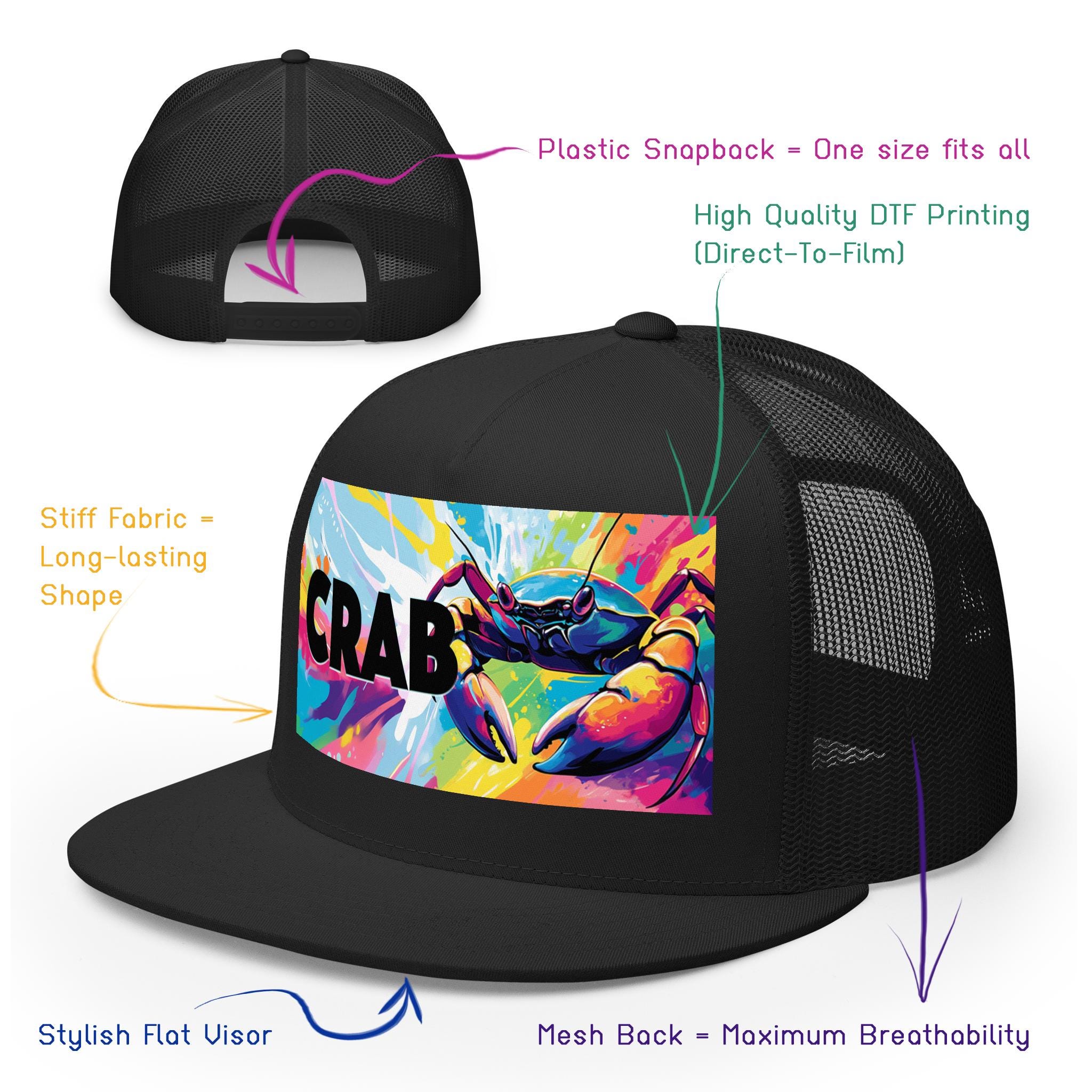 Crab Trucker Hat Pop Art High Quality Mesh Trucker Cap Flat Visor High ...