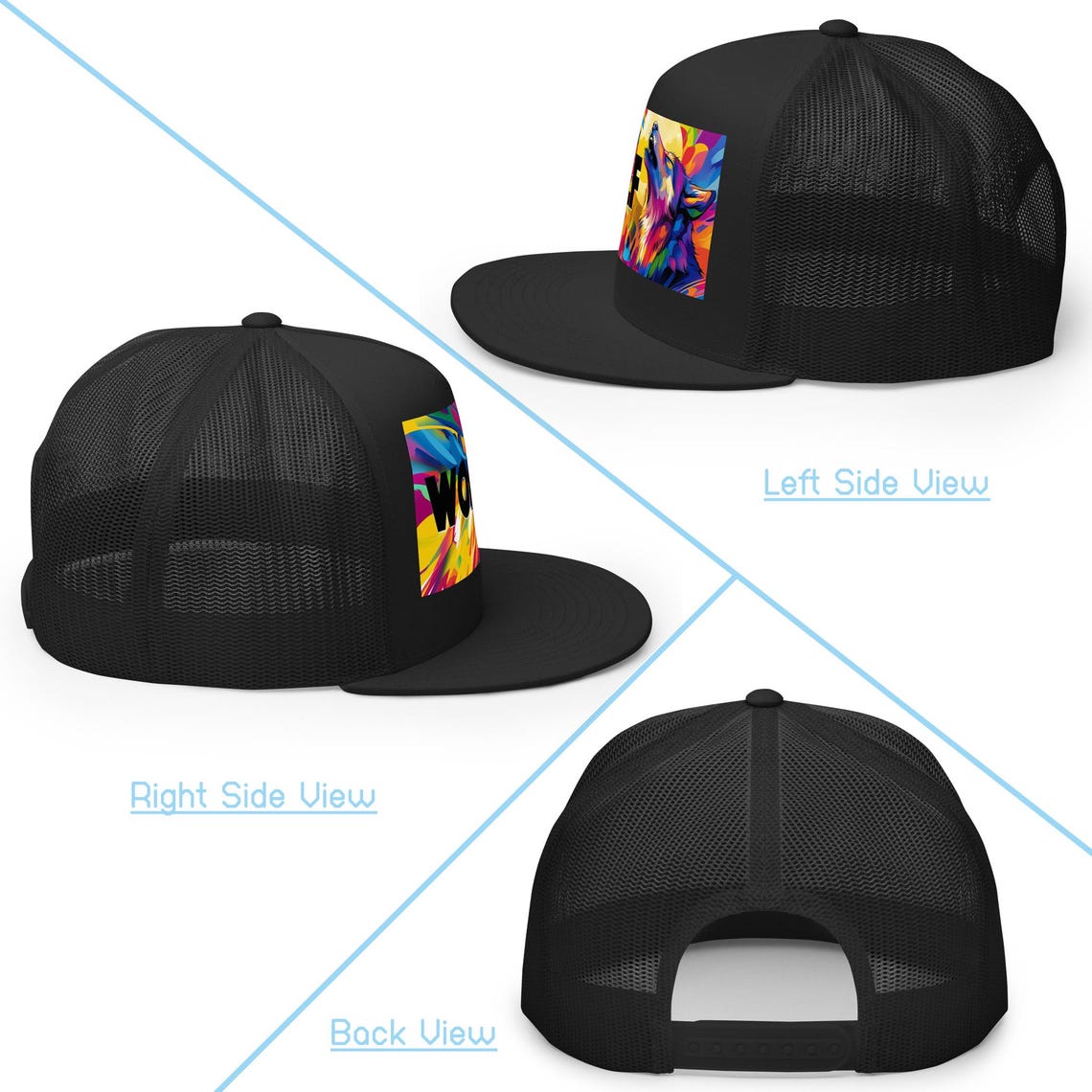 Howling Wolf Hat - Flat Brim and Snapback Trucker Cap for Men and Women ...