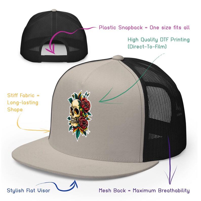 Skull & Roses Trucker Cap | Sailor Jerry Tattoo Style Snapback Hat ...