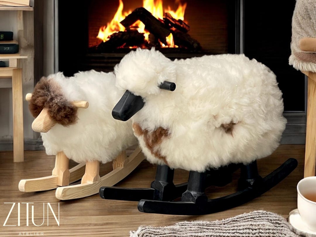 Sheep Rocking Chair, Sheep With Real Wool and Red Wood, Nursery ...