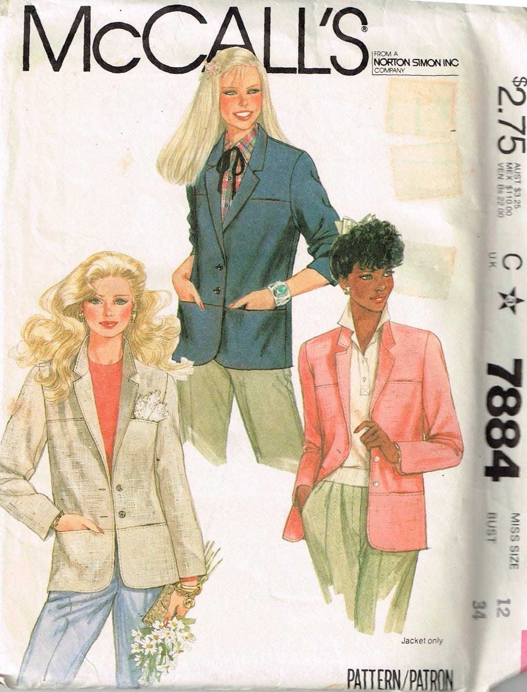 Misses Blazer Jacket Sewing Pattern Mccalls 7884 Size 12 Bust 34 Uncut ...