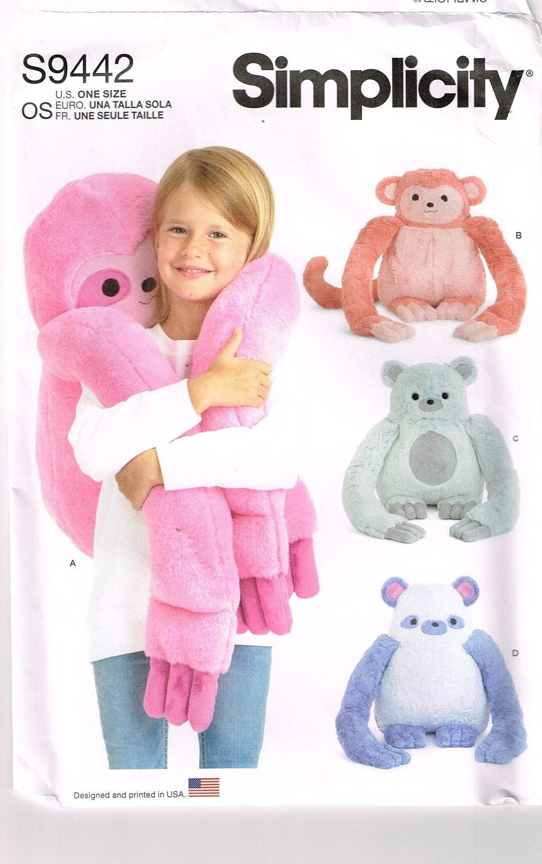 Sewing Pattern Hugging Plush Animals S9442 Simplicity Sloth Monkey ...