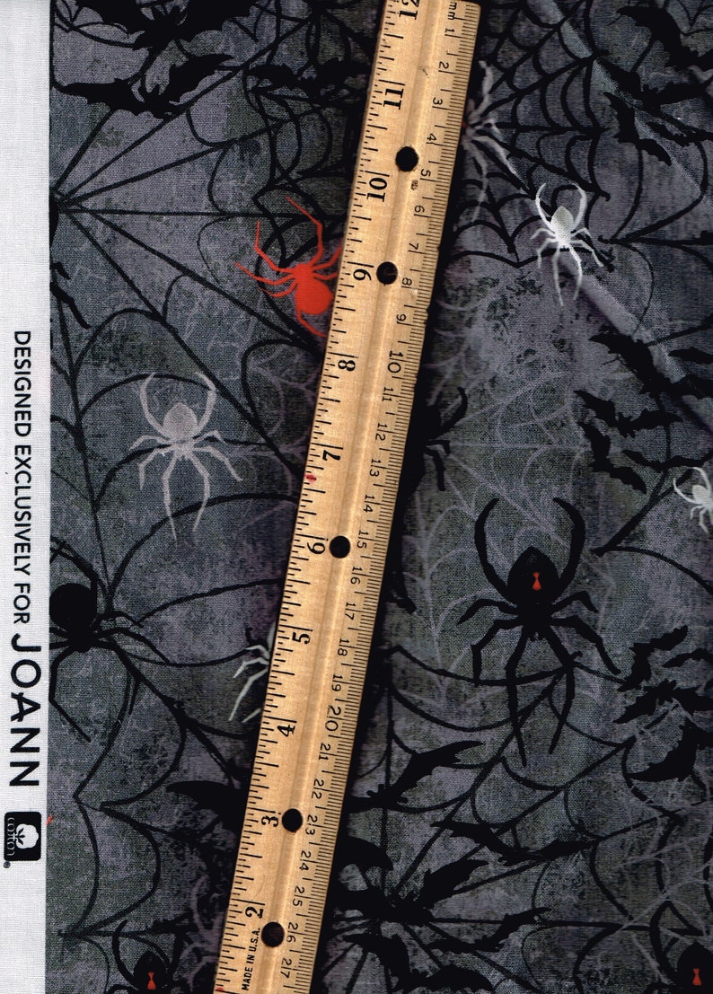 Black Spiderwebs, Bats, Orange Spiders Halloween Fabric Cotton Fabric ...