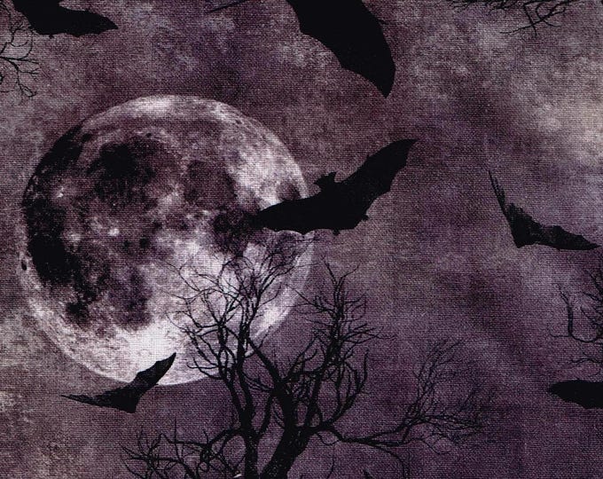 Black Bats Flying, Trees and Moonlight Halloween Fabric Cotton Fabric ...