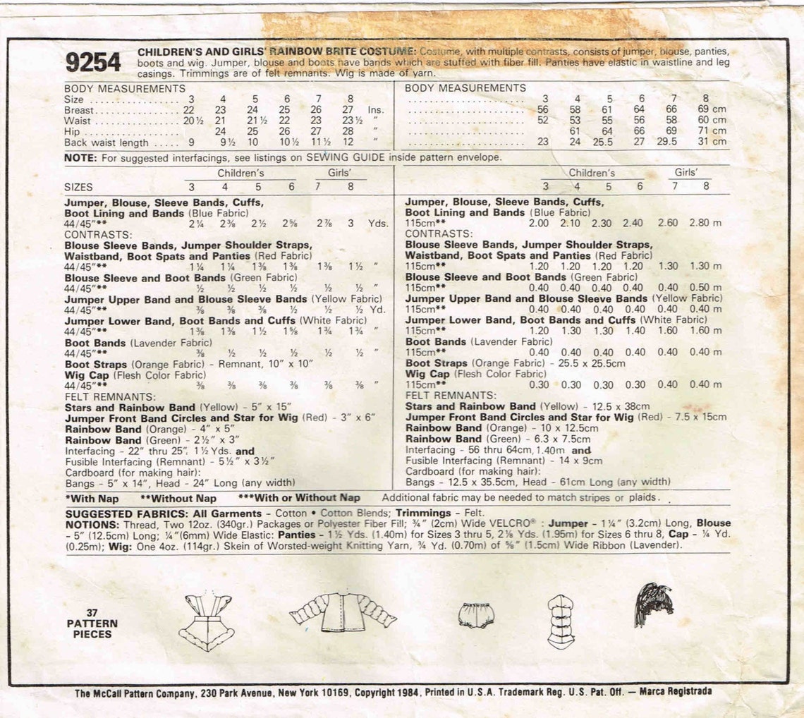 PDF Instruction Sheet ONLY Copy Mccalls 9254 for Rainbow Brite Sewing ...