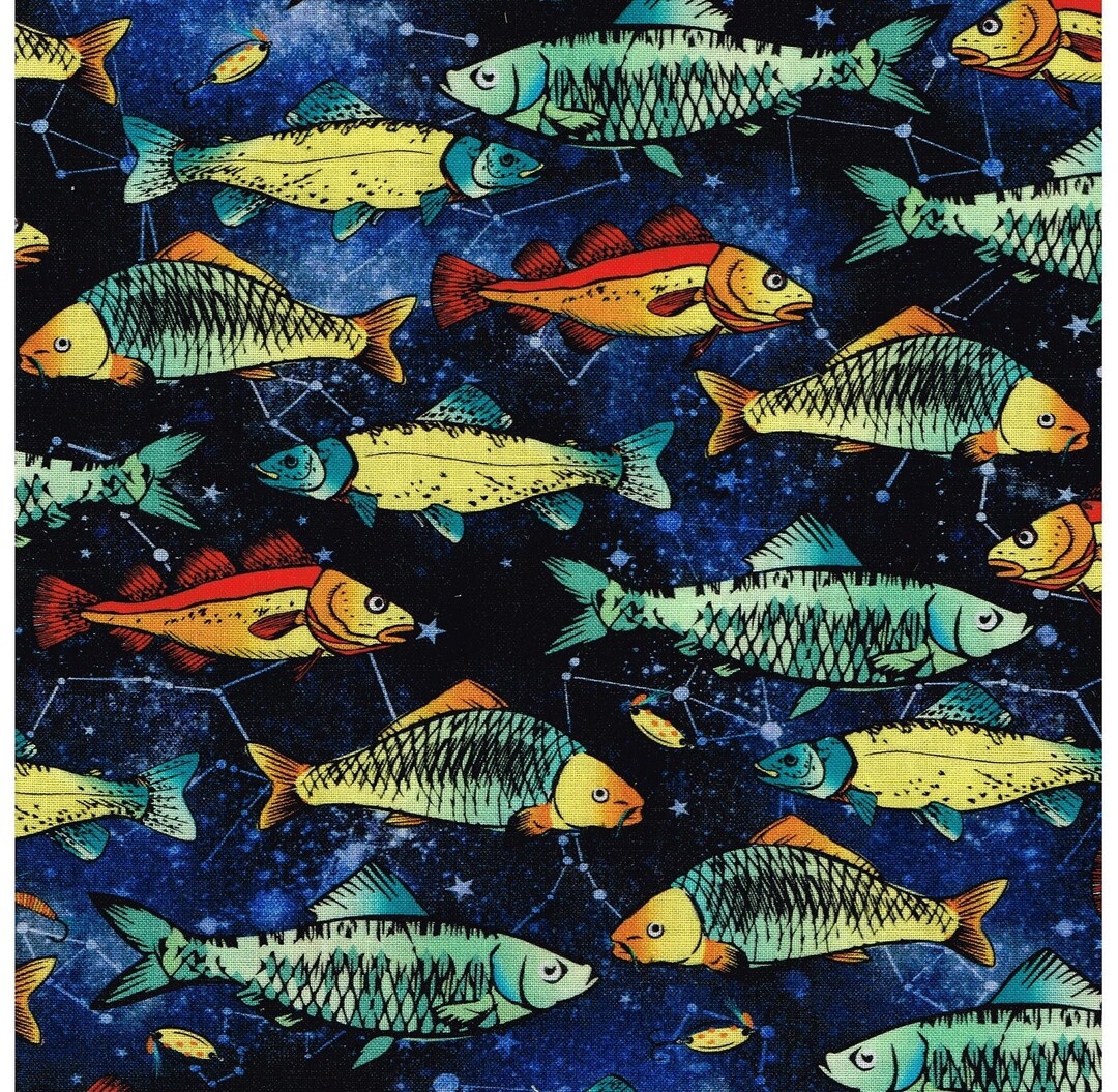 Cotton Sewing Fabric Trout Fish Swimming Yellow Orange Fishes Blue ...