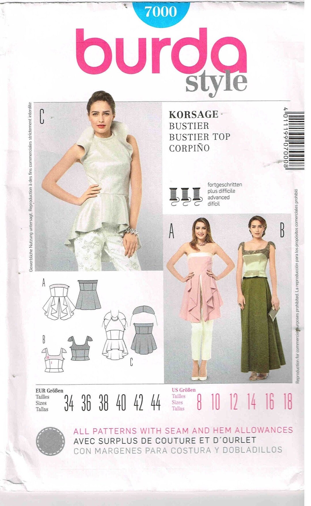 Bustier Top Burda 7000 Blouse Strapless Sewing Pattern B Misses Size 8 ...