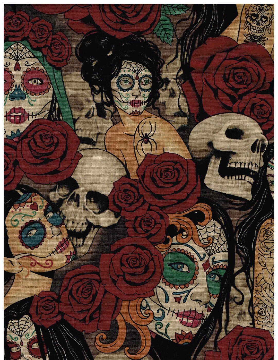 Sugar Skull Tattooed Pinup Girls Nocturna Fabric Alexander Henry Pin up ...