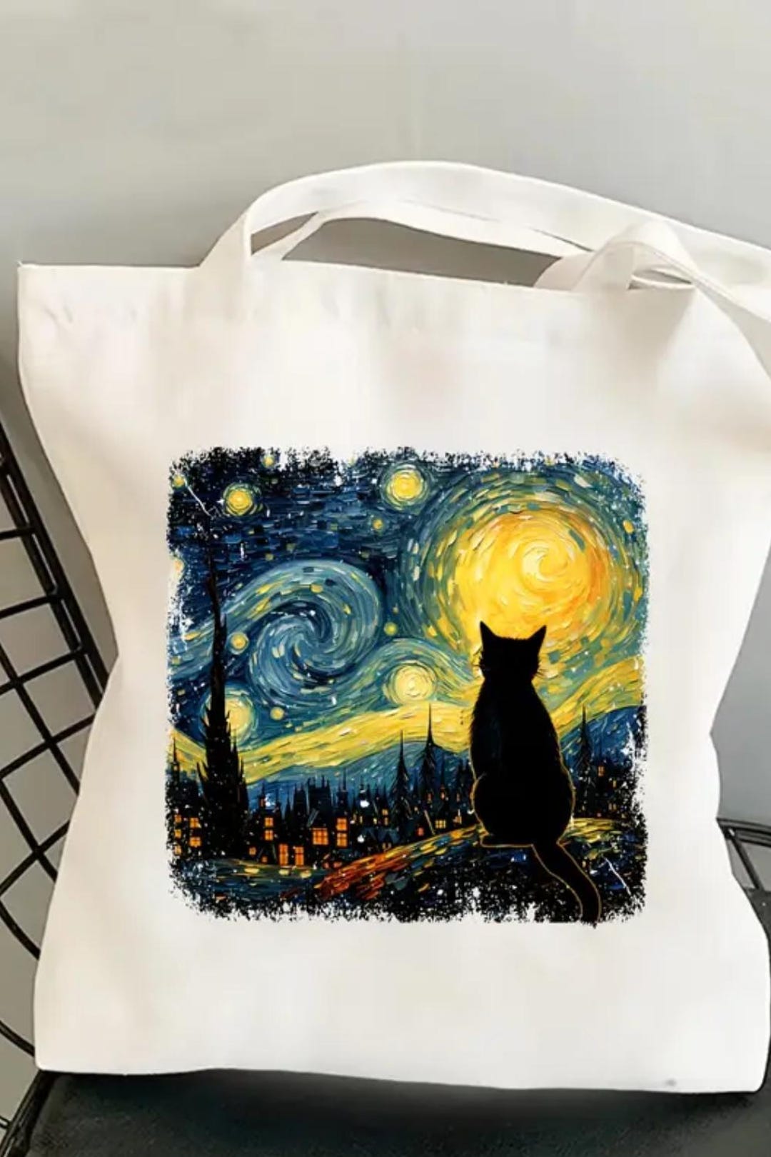 Starry Night Tote Bag for Cat Fans Cat Canvas Bag Magical Tote Bag Cat ...