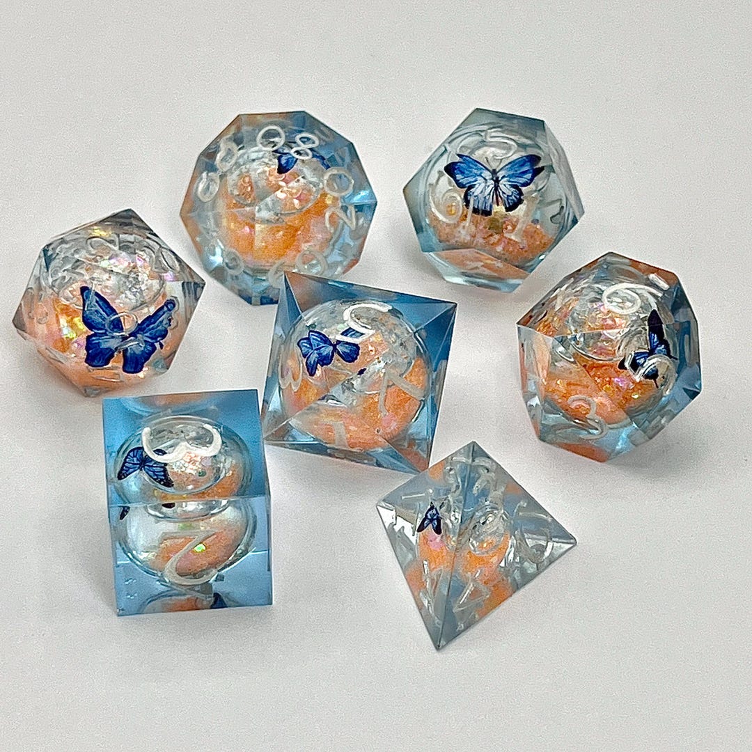 Dice Set, Blue Butterfly DND Core Dice Set, Butterfly Edge Liquid Dice ...