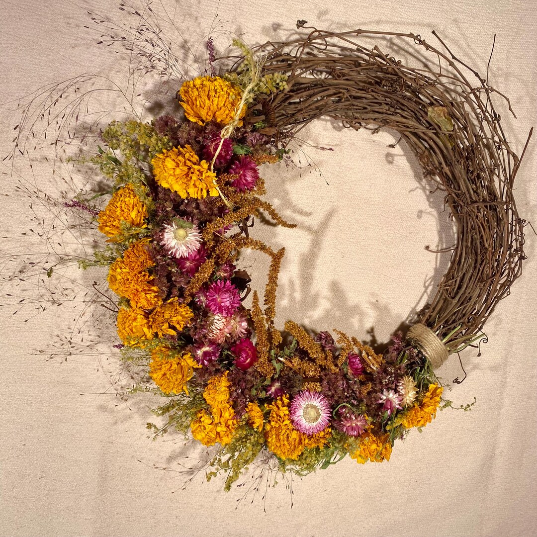 Everlasting Marigold & Strawflower Wreath Dried Flower Door Decor ...