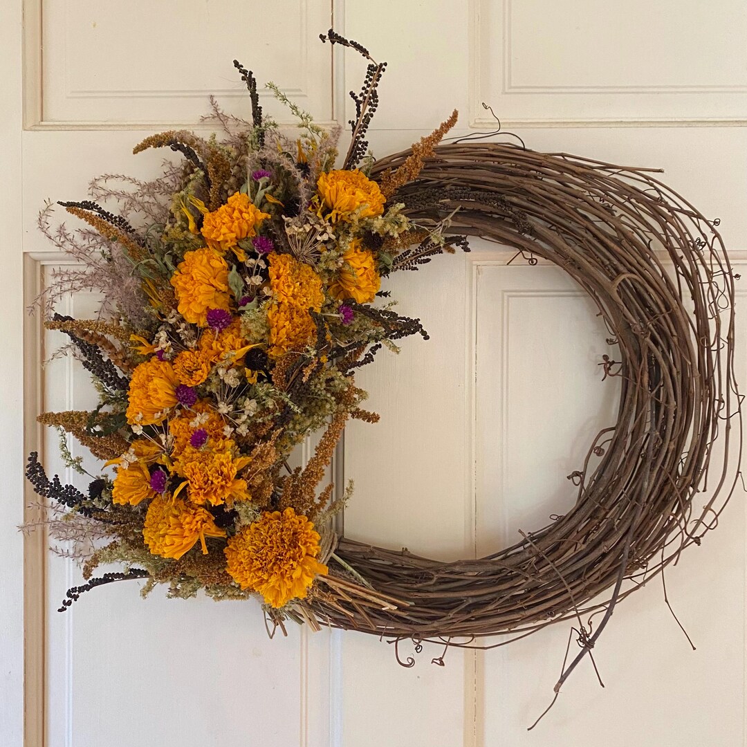 Everlasting Marigold & Amaranth Wreath | Dried Flower Door Decor ...