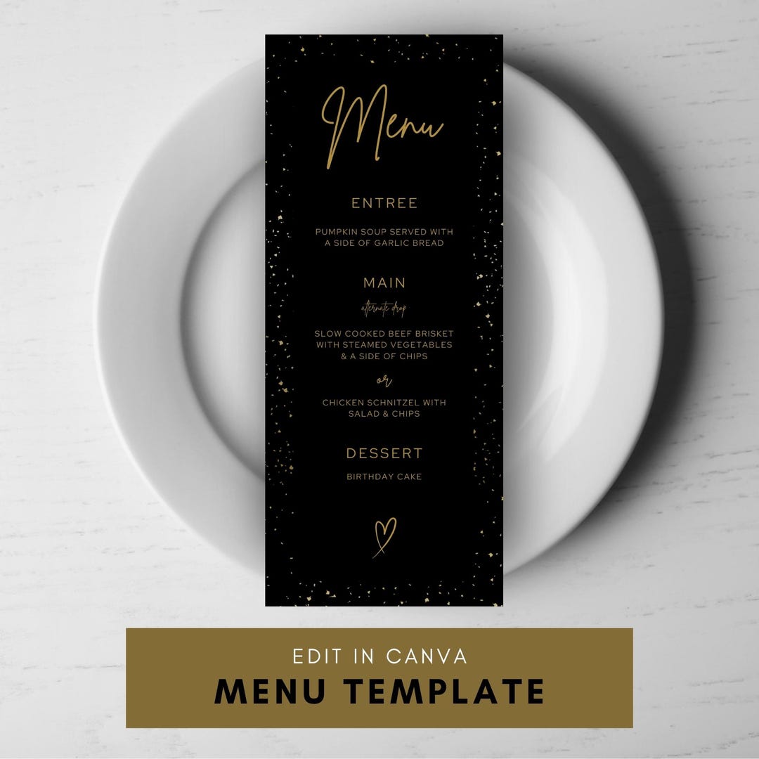 Black and Gold Dinner Menu, Printable Template, Birthday Party, Instant ...