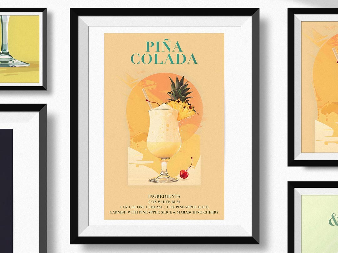 Tropical Cocktail Piña Colada Art Print | Elegant Bar Cart Decor | Chic ...
