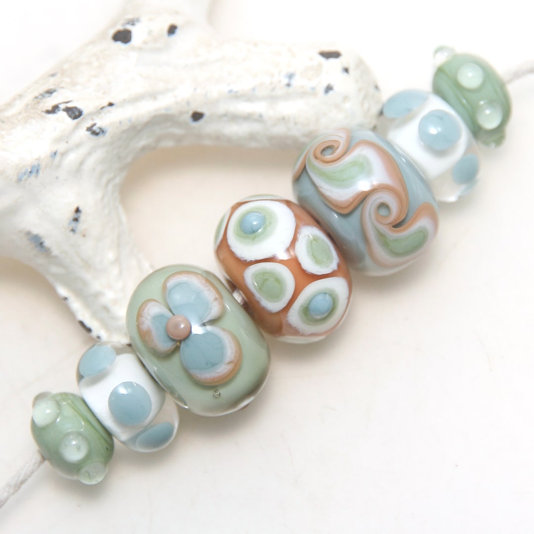 Dusty Pastels Mixed Set Sage Green Duck Egg Blue and Tan Lampwork Glass ...