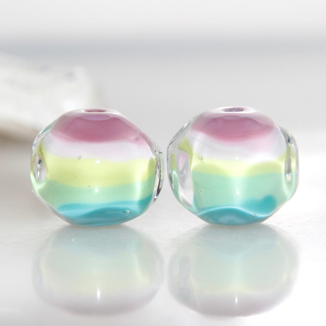 Pastel Pink Pea and Aqua Blue Striped Lampwork Glass Nugget Bead Pair ...