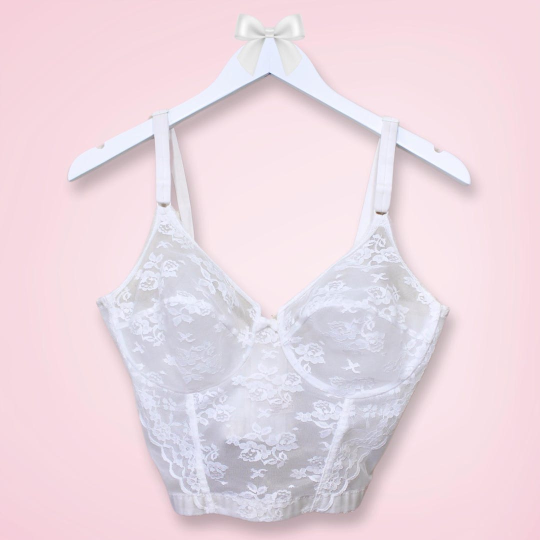 Lady Marlene Vintage Longline Bustier 36C | White Lace, Sheer Panels ...