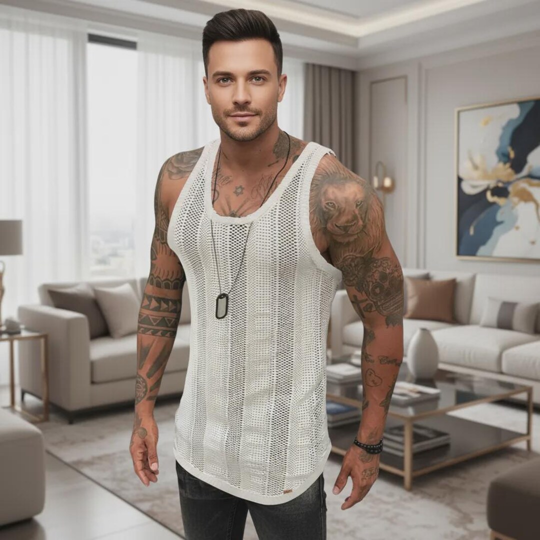 Men's Summer Mesh Tank Top Loose Fit, Breathable Knit Sports Vest 100% ...