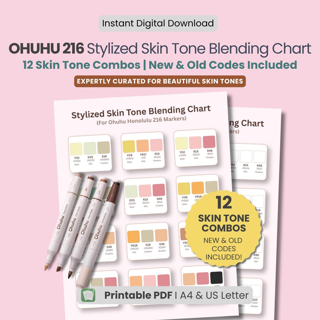 OHUHU 216 Stylized Skin Tone Blending Chart, Marker Color Guide ...