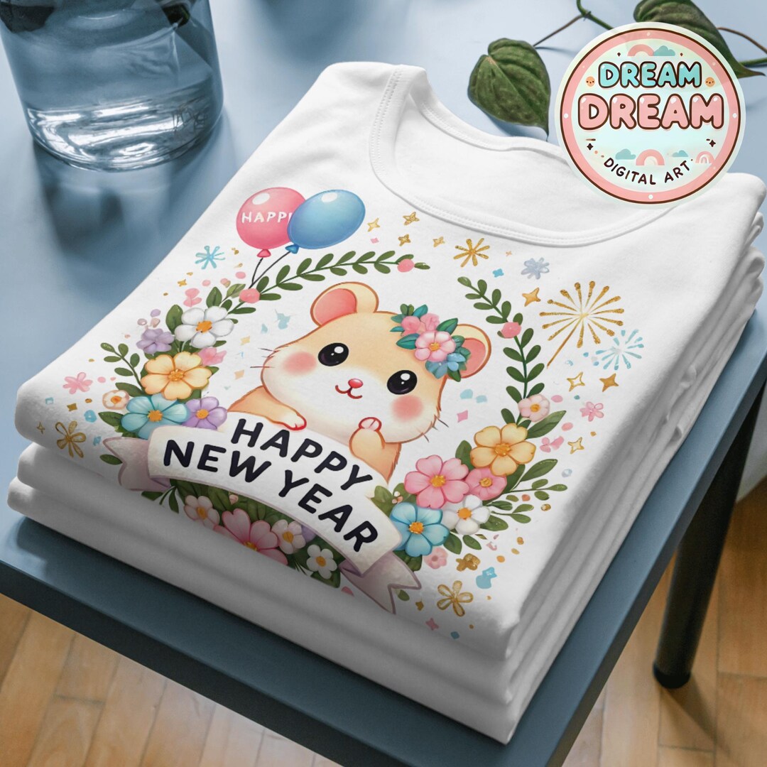 Cute New Year Hamster PNG With Floral Wreath and Balloons, Adorable Kawaii Happy New Year ...