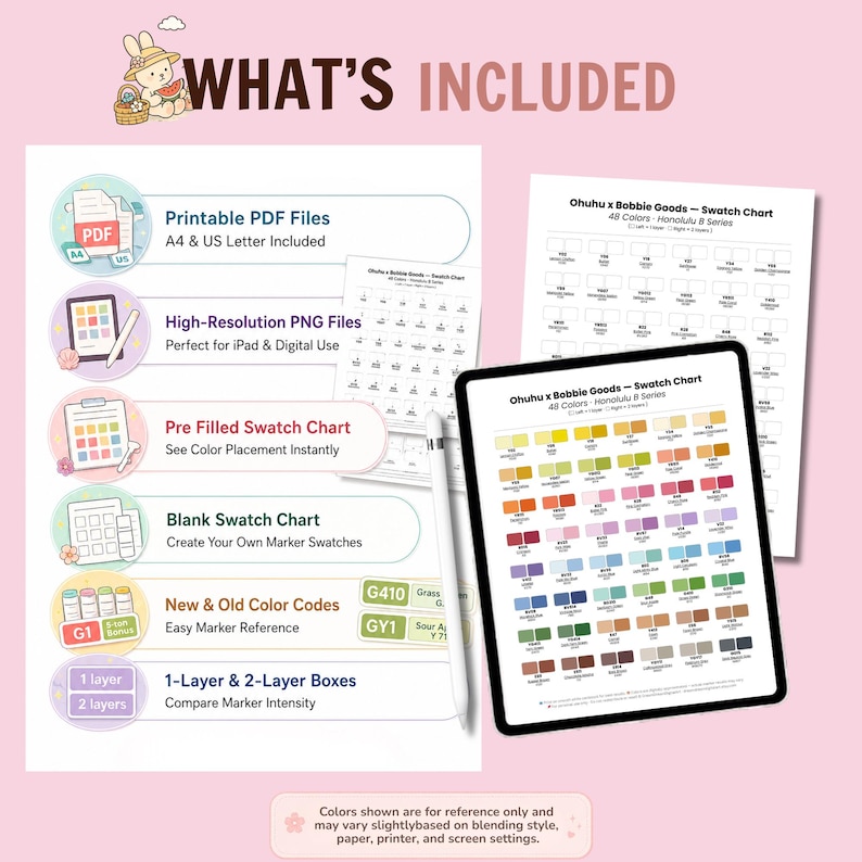 Ohuhu X Bobbie Goods Marker Swatch Chart, 48 Colors Honolulu B (digital ...