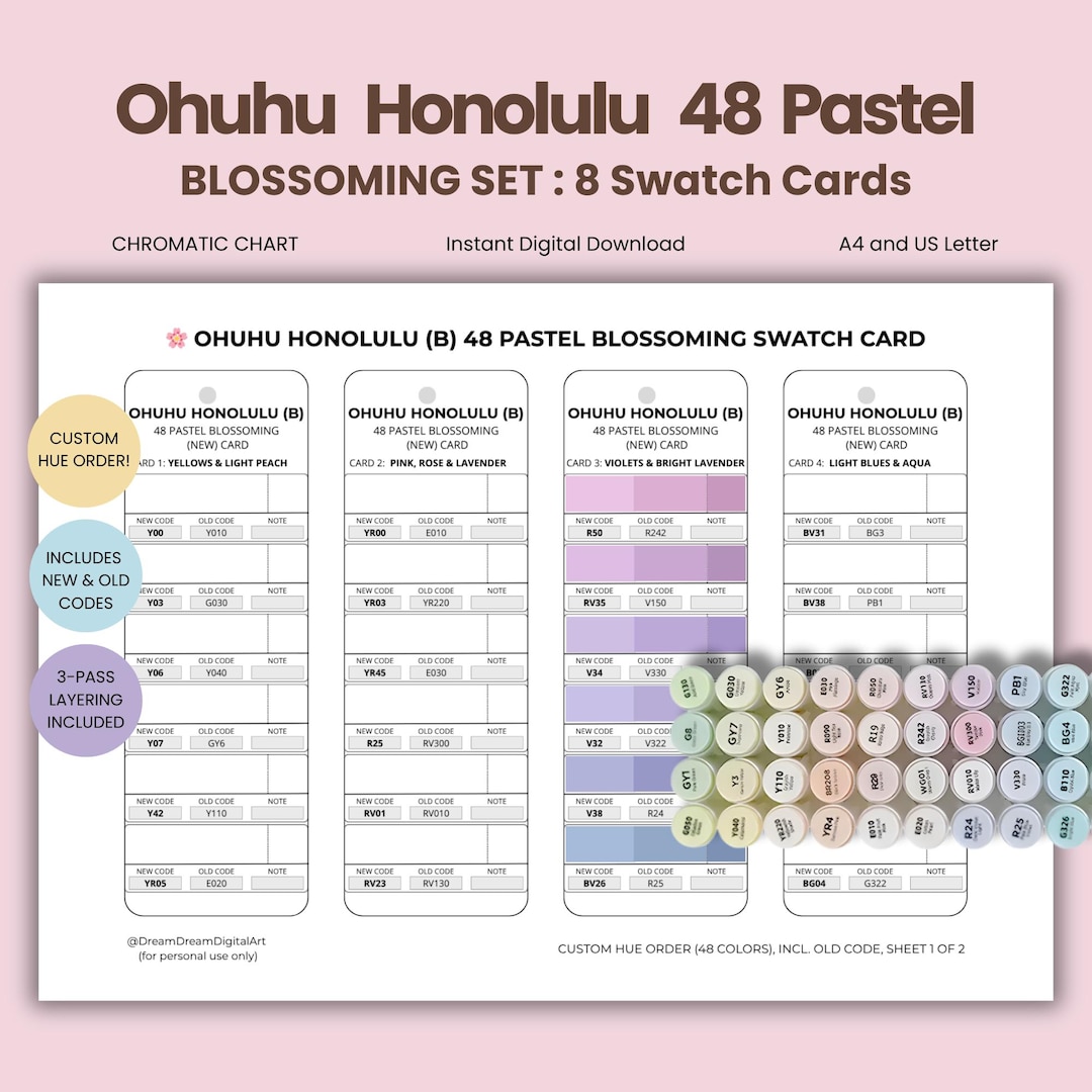 Ohuhu Pastel Swatch Cards – Printable Chart for 48 Blossoming Markers ...