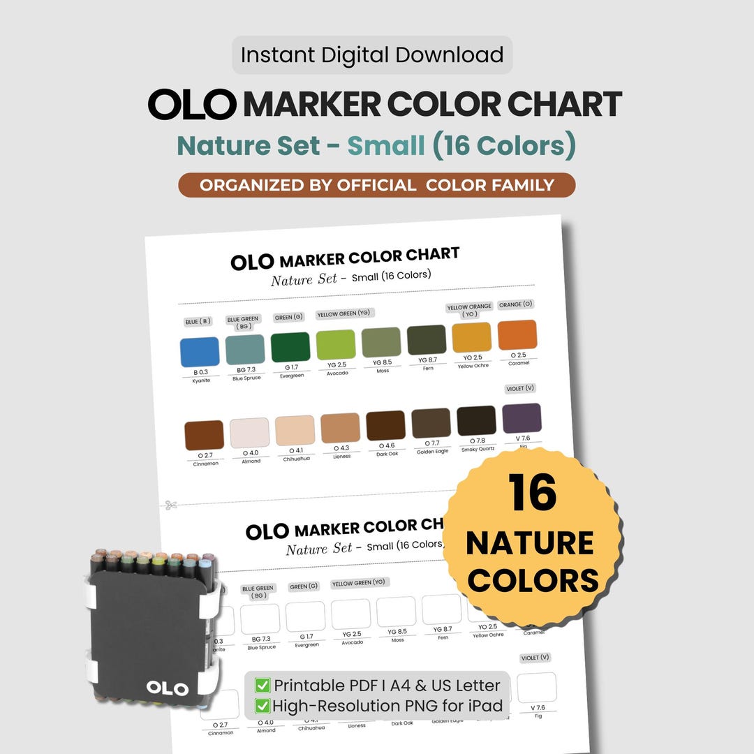OLO Marker Nature Color Chart | 16 Colors, Printable Swatch Sheet (PDF ...