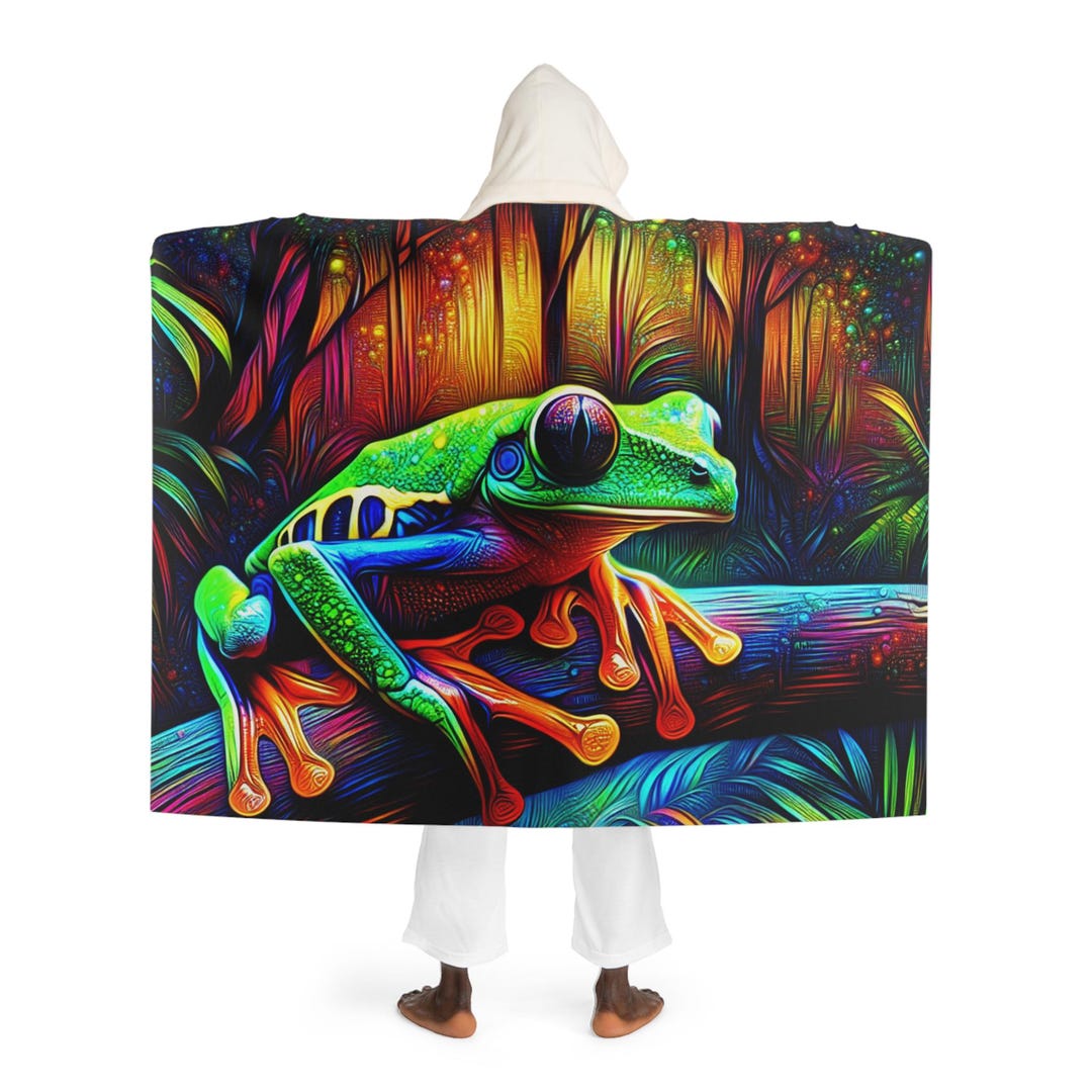 Neon Tree Frog Jungle Hooded Sherpa Fleece Blanket - Soft Cozy Bedding ...